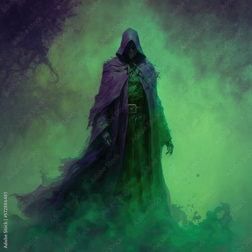 mysterious figure cloaked in a deep purple robe surrounded by an eerie green mist, fantasy art ...