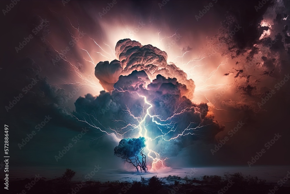 During the evening, amid clouds, a lightning bolt flashes and releases ...