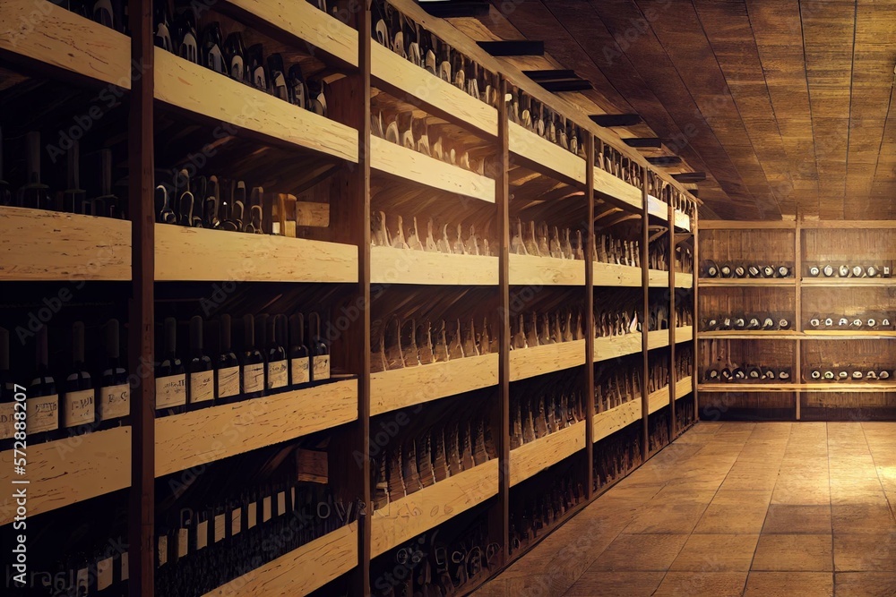An illustration of a rustic winery cellar with rows of wooden shelves ...