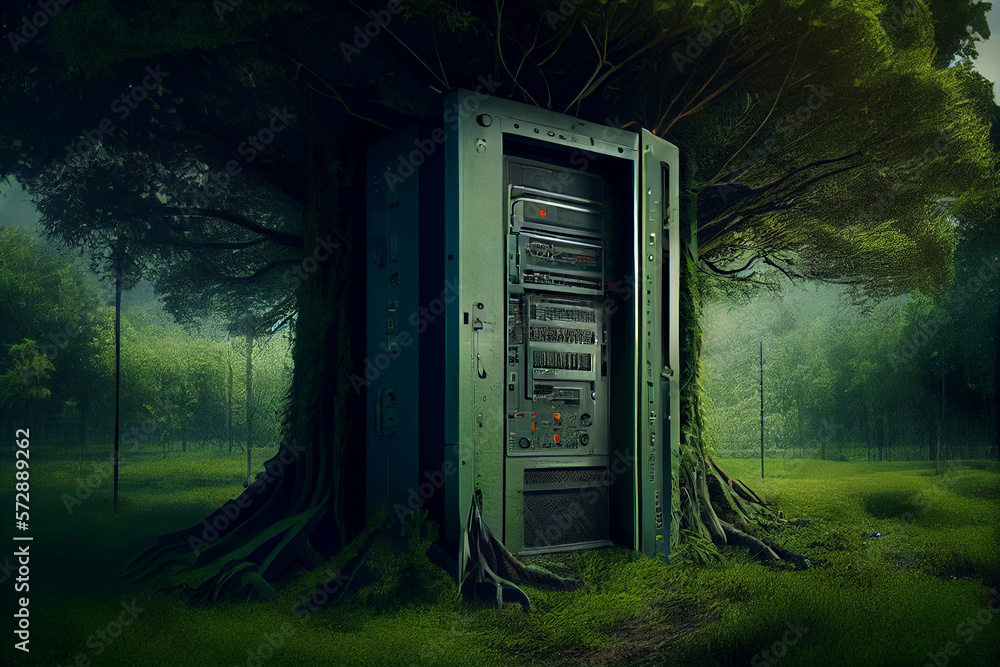 Bright server room with trees and grass growing out of servers, created ...