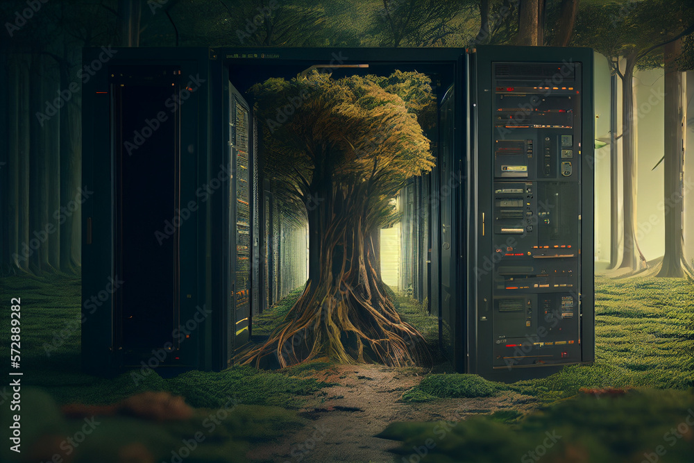 Bright server room with trees and grass growing out of servers, created ...