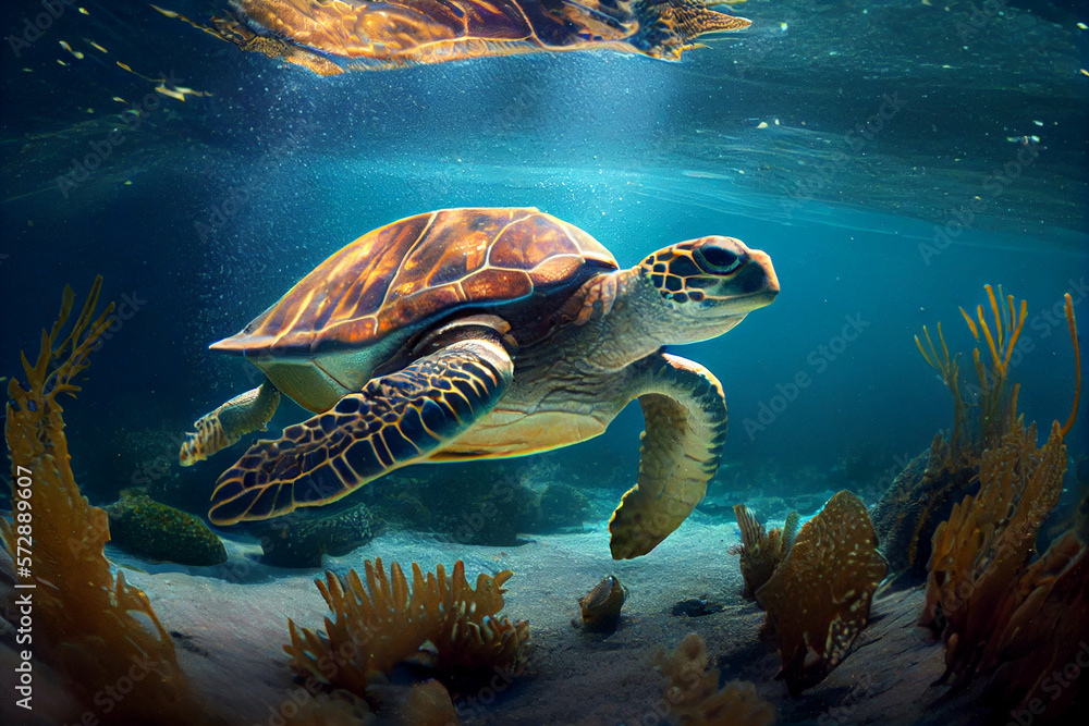 Colorful illustration of a sea turtle swimming over coral reefs ...
