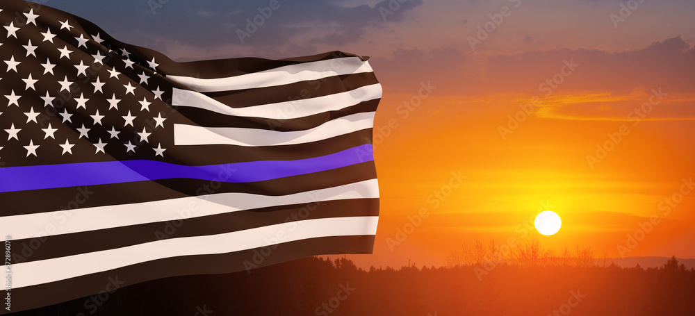 American flag with police support symbol Thin blue line on sunset sky ...
