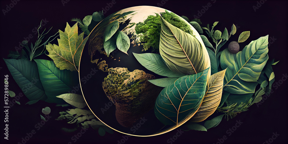 Earth globe wrapped in green leaves, plants and trees. Environmental ...