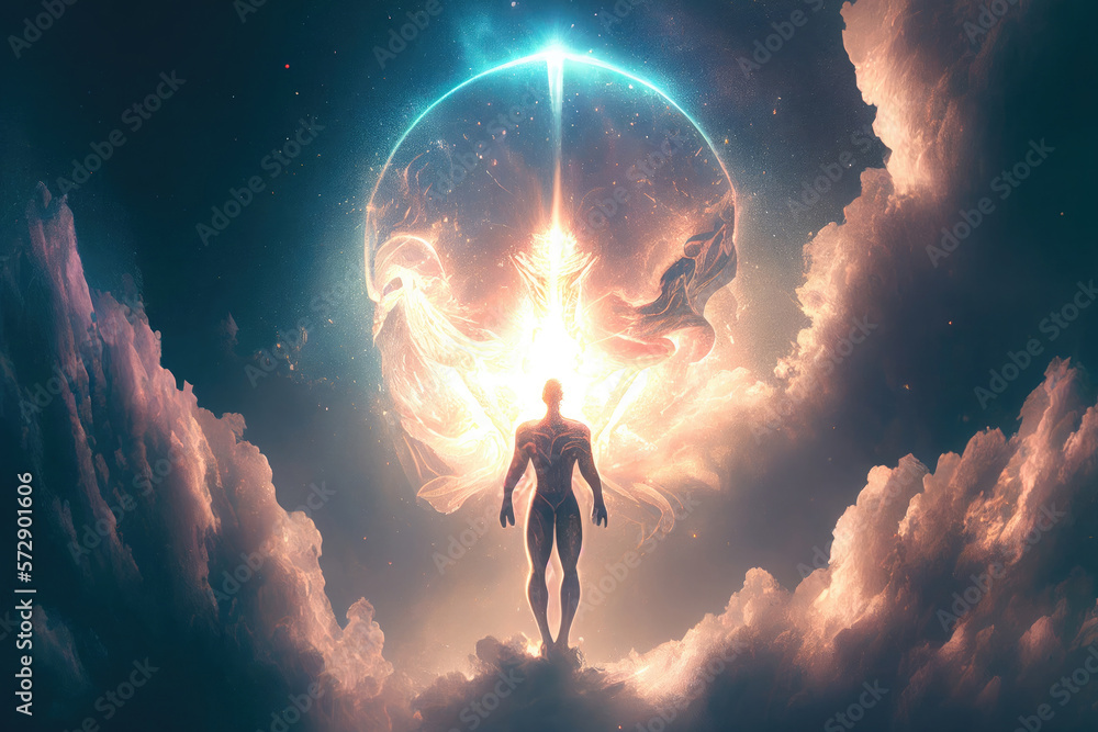 Levitating human soul in heaven. Astral body and after life concept ...