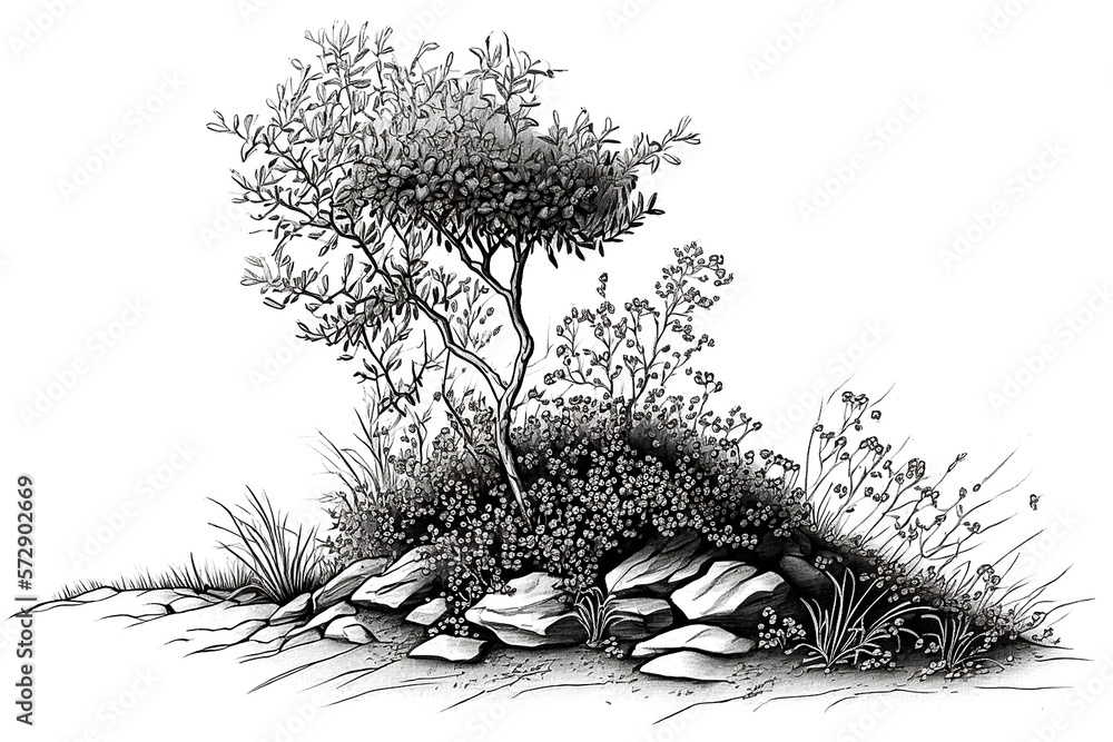 Black and white pencil drawing of a tree in the bush Stock Illustration ...