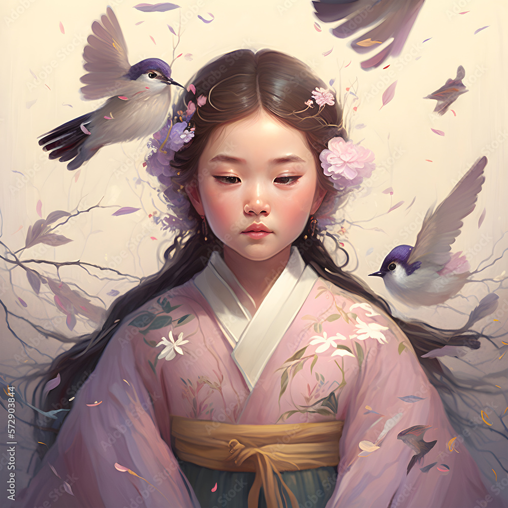 Illustration Of A Portrait Of An Asian Girl In A Kimono Created As A Generative Artwork Using