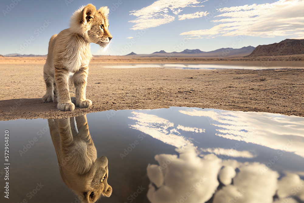 Lion cub in the desert near a waterhole, arid landscape, young animal ...