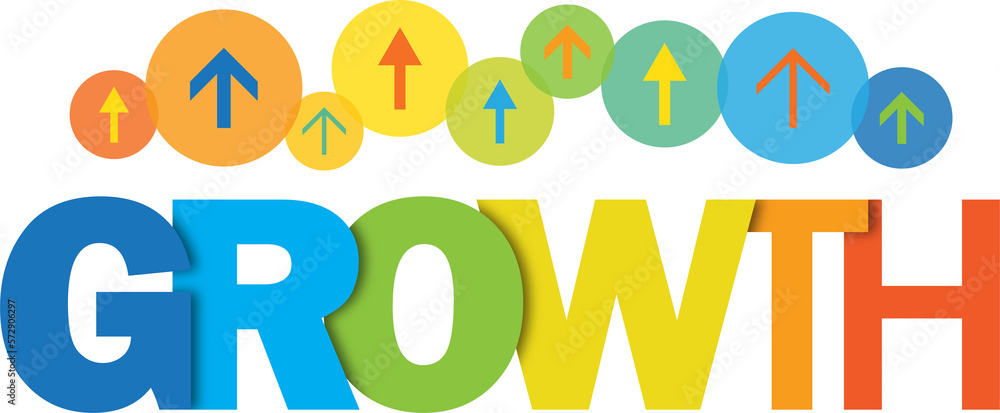 GROWTH typography with up arrows on colorful circles on transparent ...