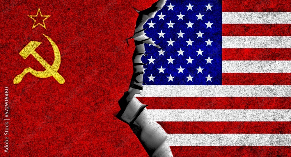 USA and Soviet Union flag on a cracked wall. United States of America ...
