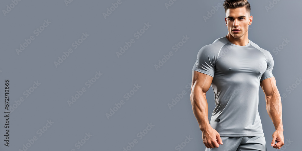 Handsome muscular man in fitness outfit over gray background with copy ...