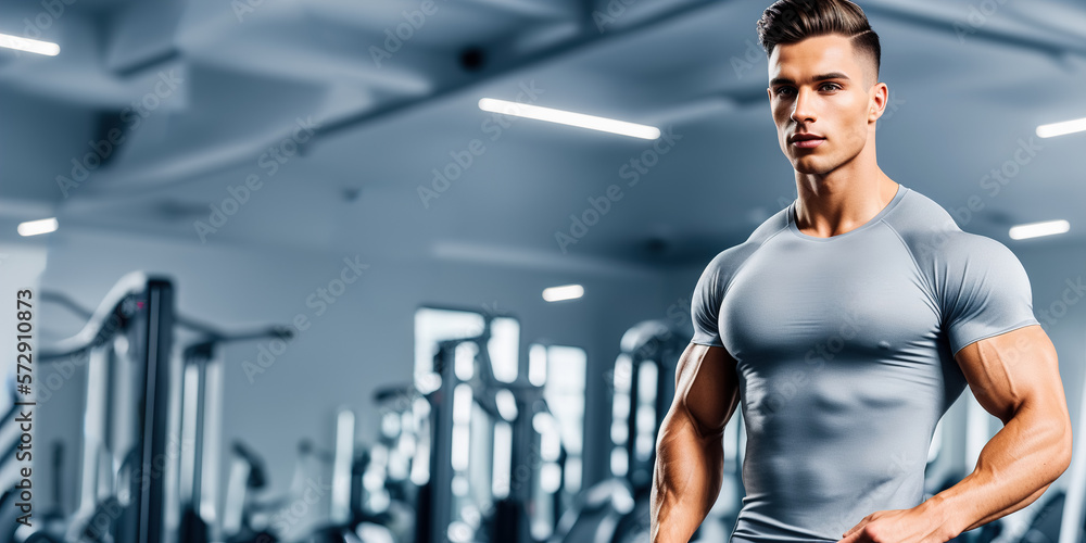 Handsome muscular man in fitness outfit on gym background with copy ...
