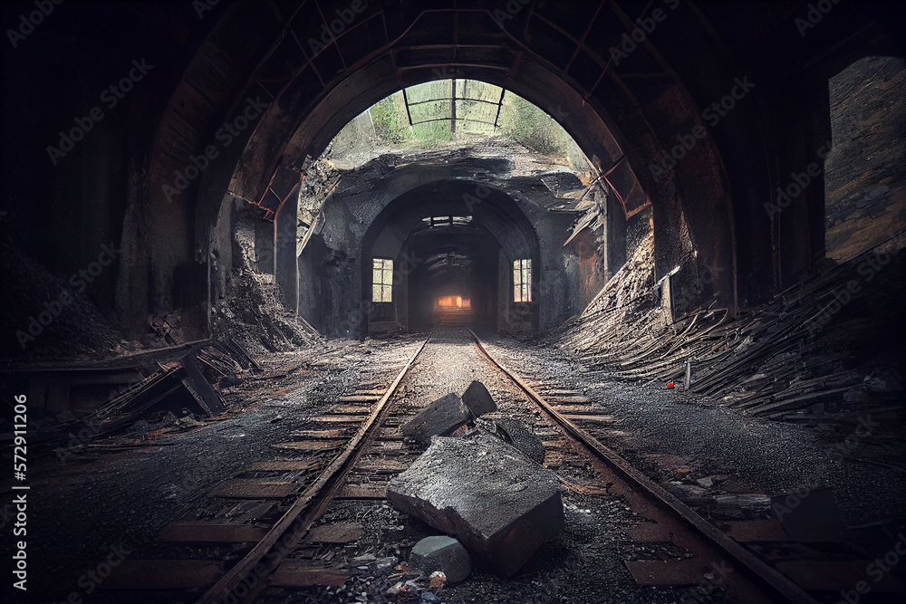A large underground tunnel with a railway, tram, tram tracks, abandoned, old without people ...