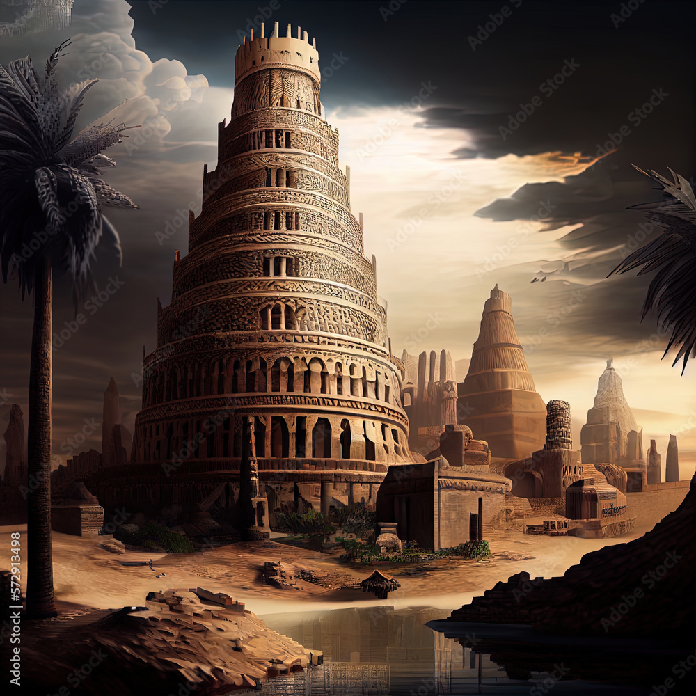 Ancient city of Babylon with the tower of Babel, bible and religion ...