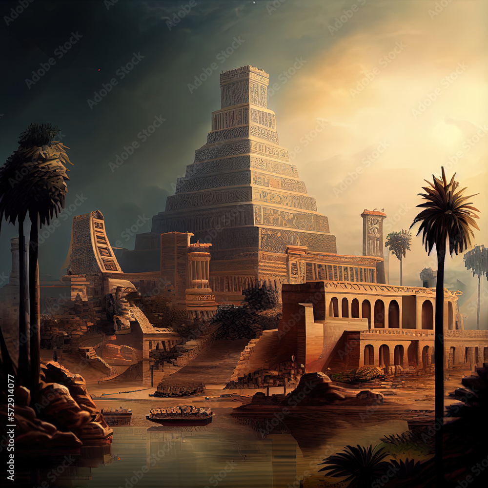 Ancient city of Babylon with the tower of Babel, bible and religion ...