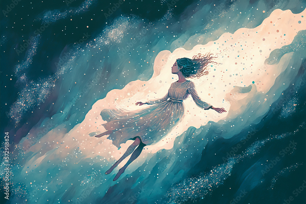 A photo of a woman floating in the sky, surrounded by a field of stars ...