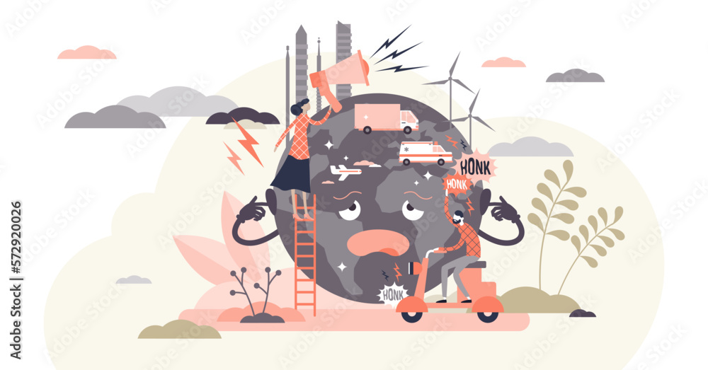 Noise pollution concept, flat tiny person illustration, transparent ...