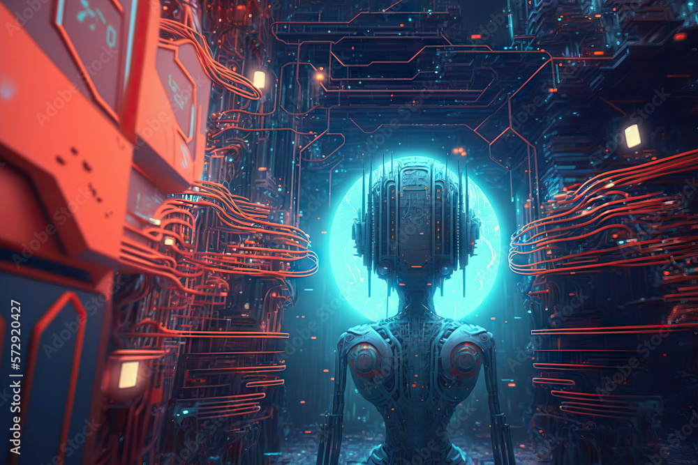 Future AI technology background with android robot and data center ...