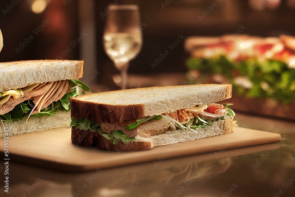 Generative AI illustration of luxury italian sun sandwich, sitting on a ...