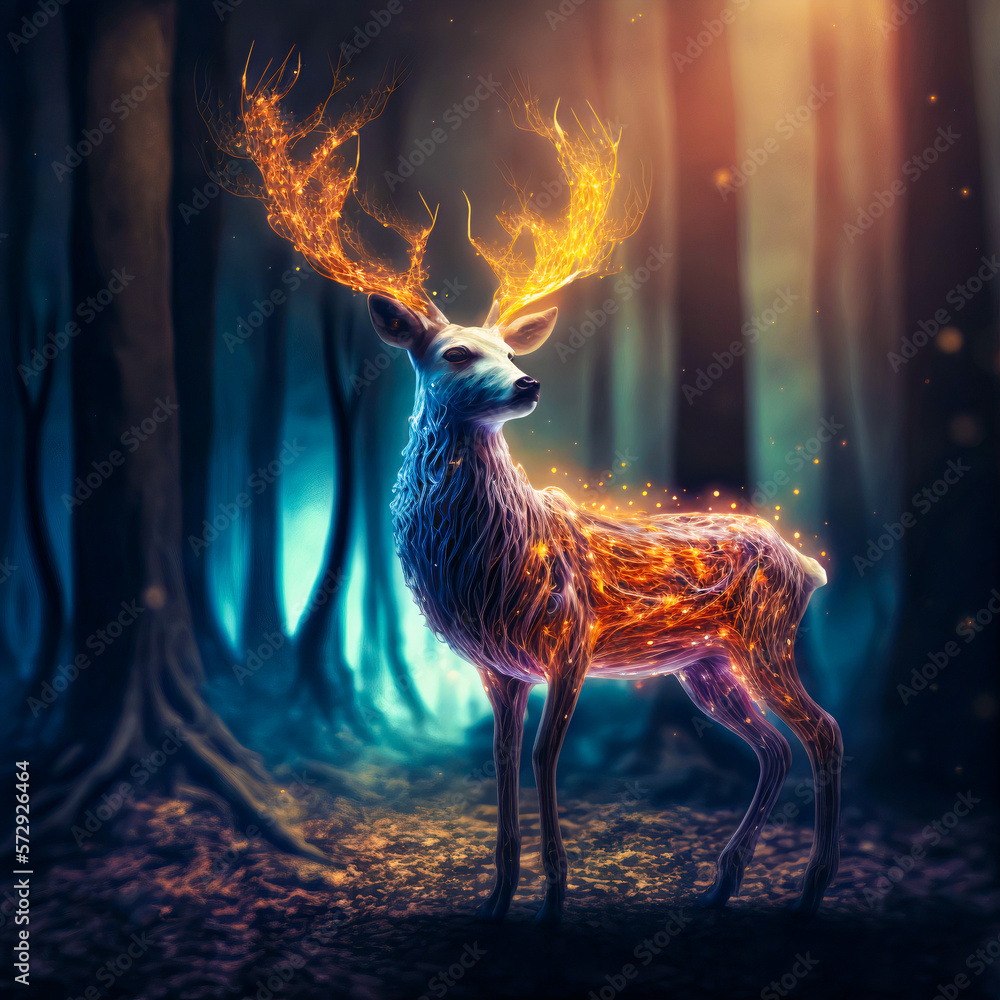 A view of reindeer mythological creature sparkling in golden lights ...