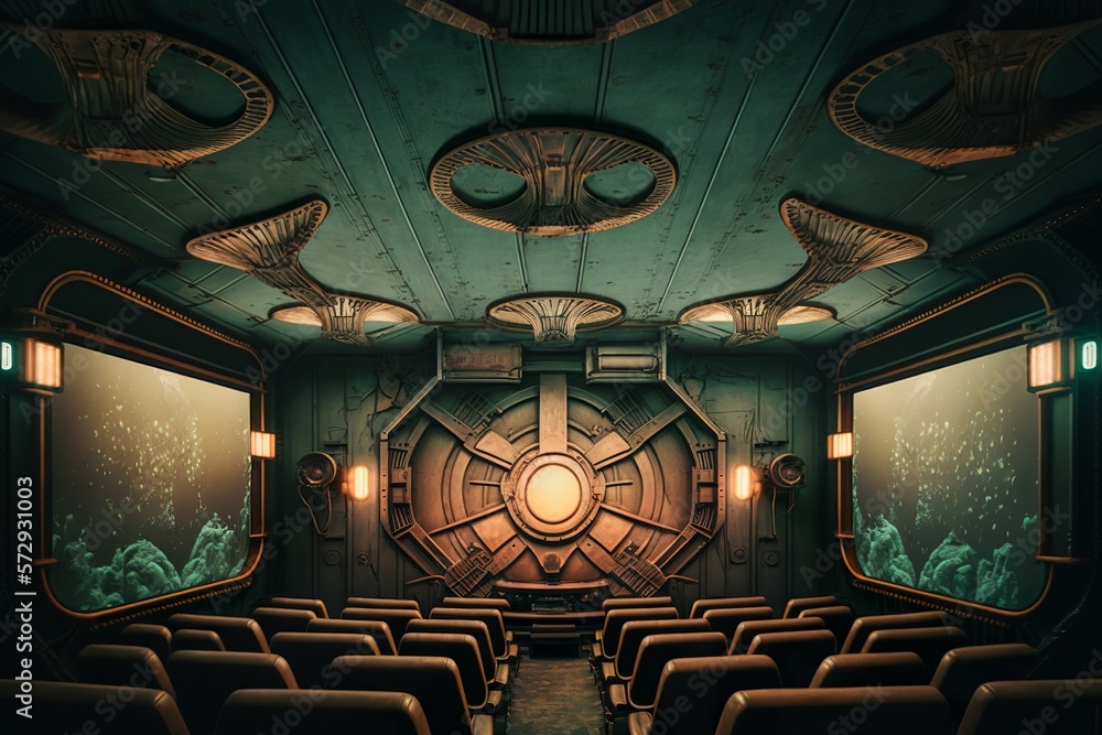 Dark futuristic sci-fi cinema theater screening room with art deco ...