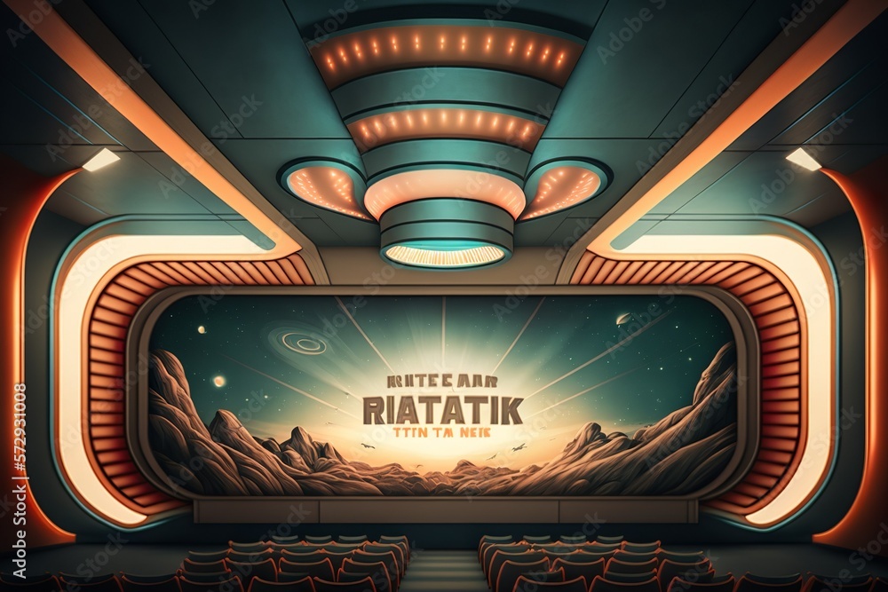 Dark futuristic sci-fi cinema theater screening room with art deco ...