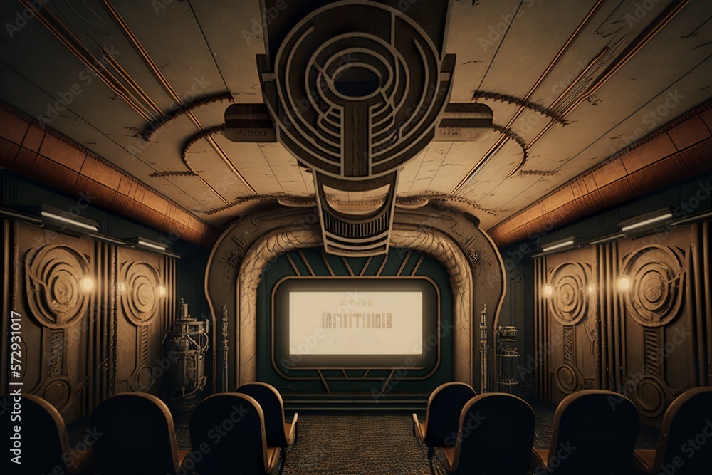 ภาพประกอบสต็อก Dark futuristic sci-fi cinema theater screening room ...