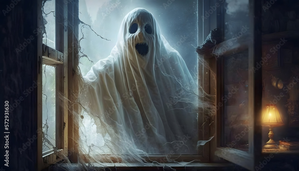 Scary, spooky ghost coming through window. Stock Illustration | Adobe Stock