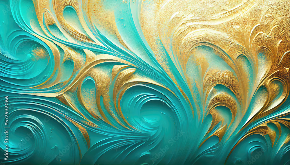 Abstract turquoise golden waves pattern, luxury modern green gold mixed ...