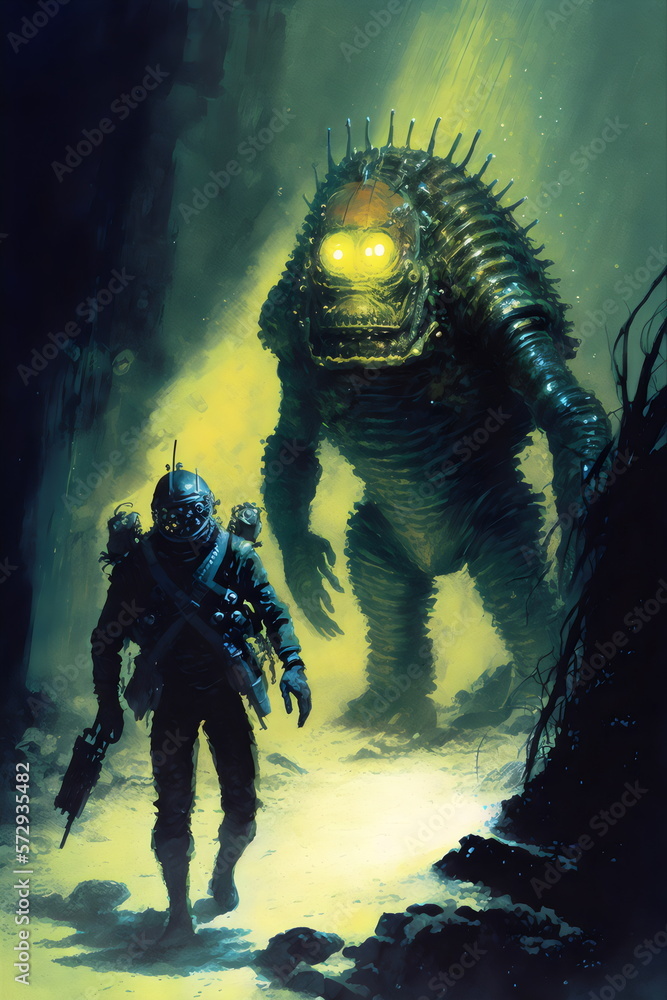 vintage sci-fi painting of man in space suit and monster in metal armor ...