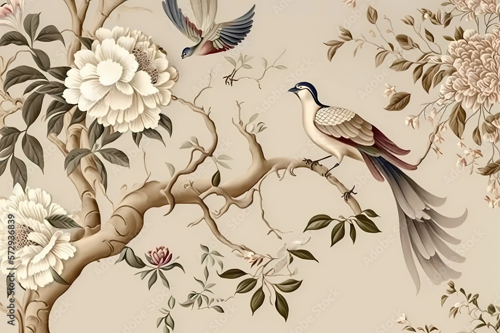 Beautiful pattern of tree with flowers and birds in chinese style ...