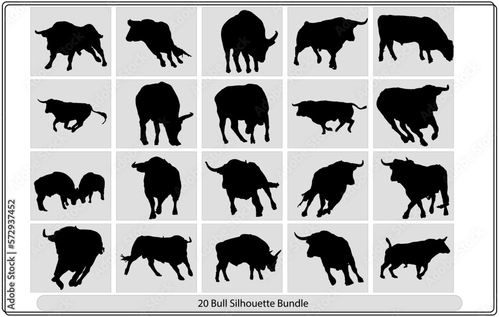 Bull set. Stylized silhouettes of standing in different poses and ...