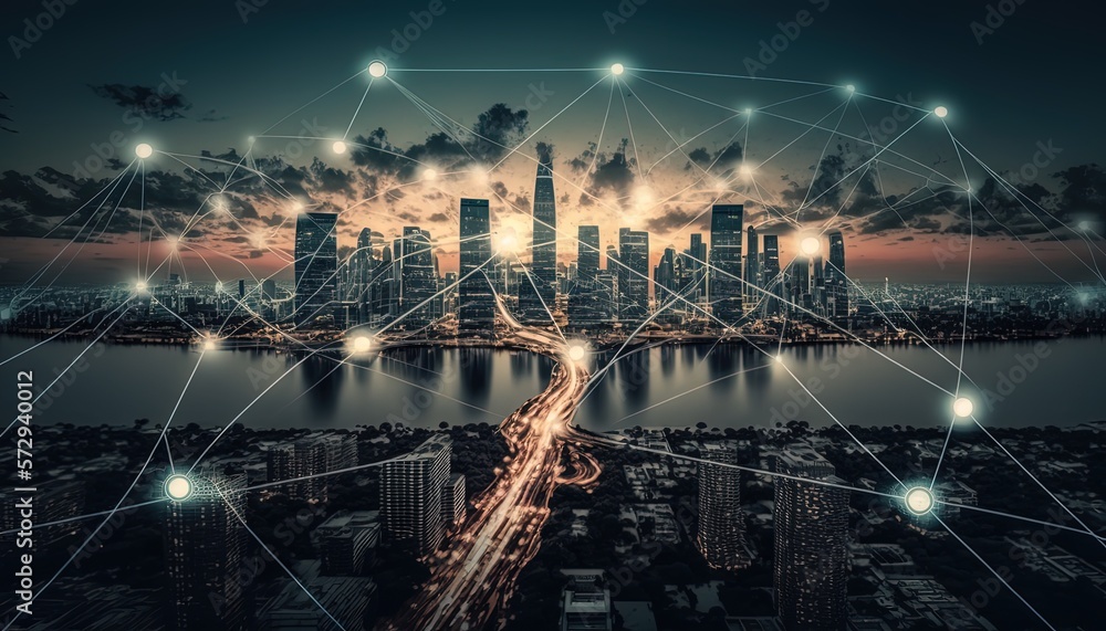 urban city with cloud computing data system above, light trail ...