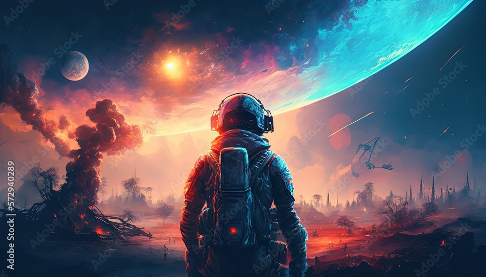 illustration of an astronaut in space battlefield, idea for sci-fi and ...