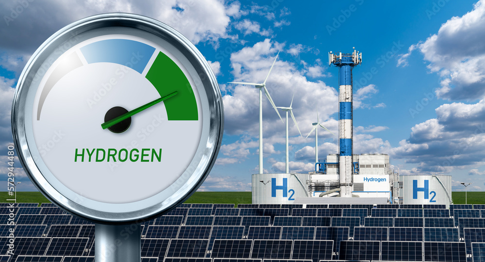 Hydrogen gauge with tree colors - gray, blue and green on a background ...