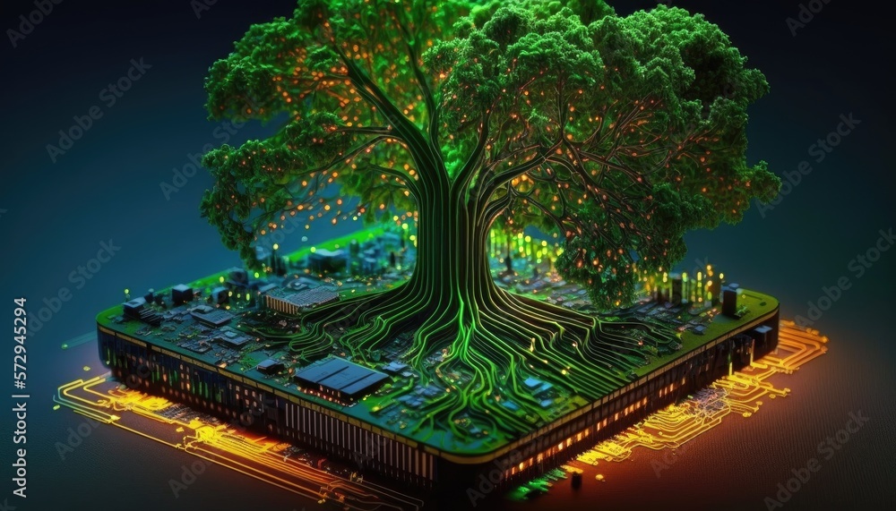 Trees growing on a circuit board. Digital converging with technology ...