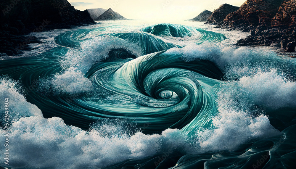 realistic ocean waves illustration whirlpool in a storm on the coast ...