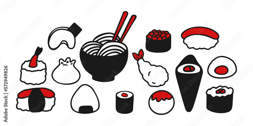 Set of Japanese food symbols. Draw the illustration by hand. Late style ...