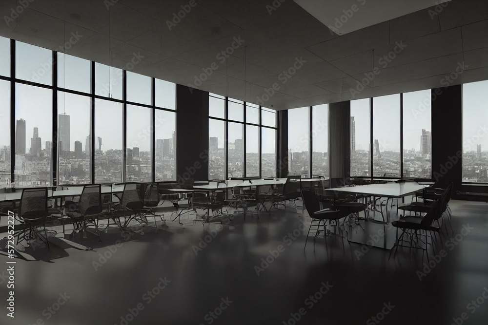 Interior shots of a chic corporate break room with a big lunch table ...