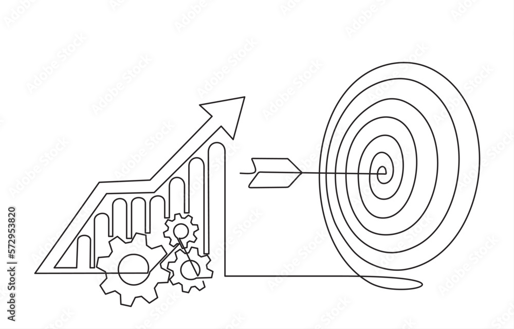 Continuous one line drawing of dart board and increasing up arrows bar ...