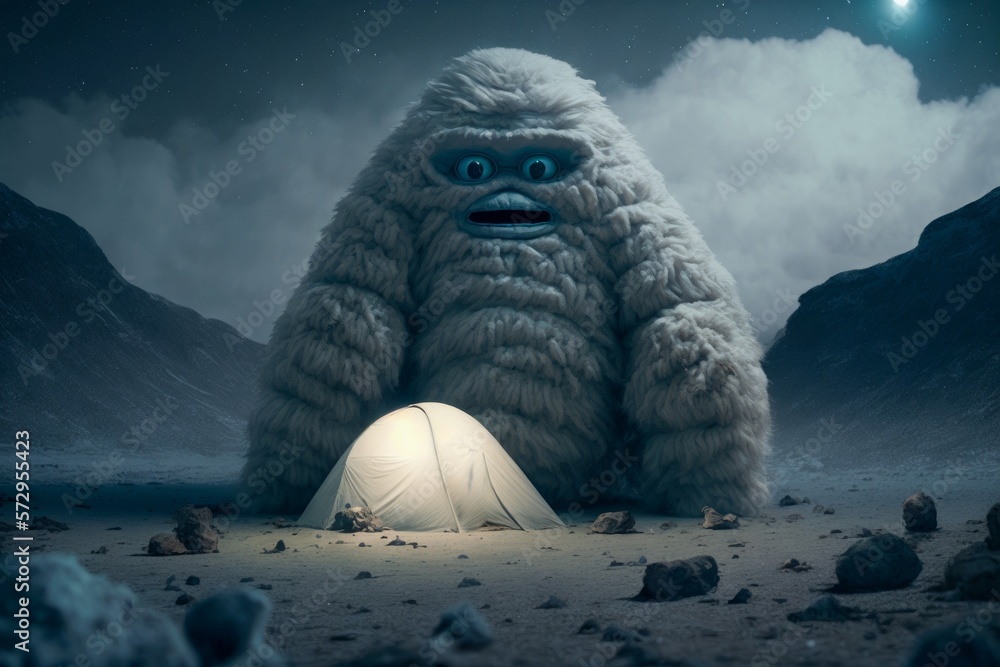 Funny sasquatch bigfoot yeti stands over a tourist tent. Fear of ... Funny sasquatch bigfoot yeti stands over a tourist tent. Fear of ...