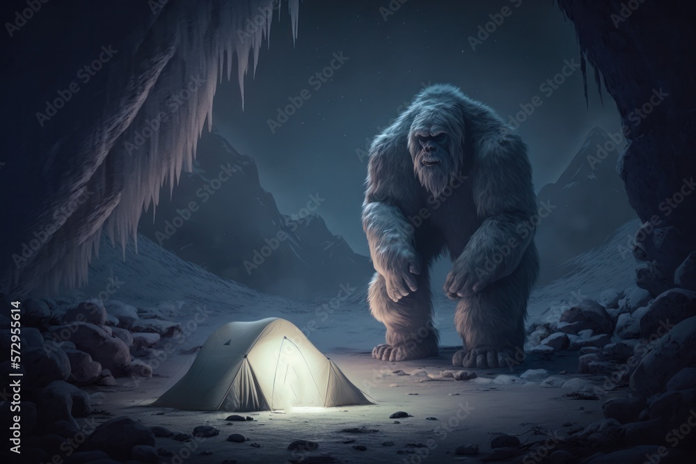 Sasquatch bigfoot yeti stands over a tourist tent. Fear of spending the ... Sasquatch bigfoot yeti stands over a tourist tent. Fear of spending the ...
