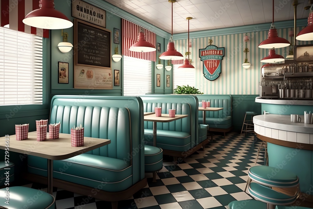 Retro American Restaurant Interior with Tables, sofas. Generative AI ...