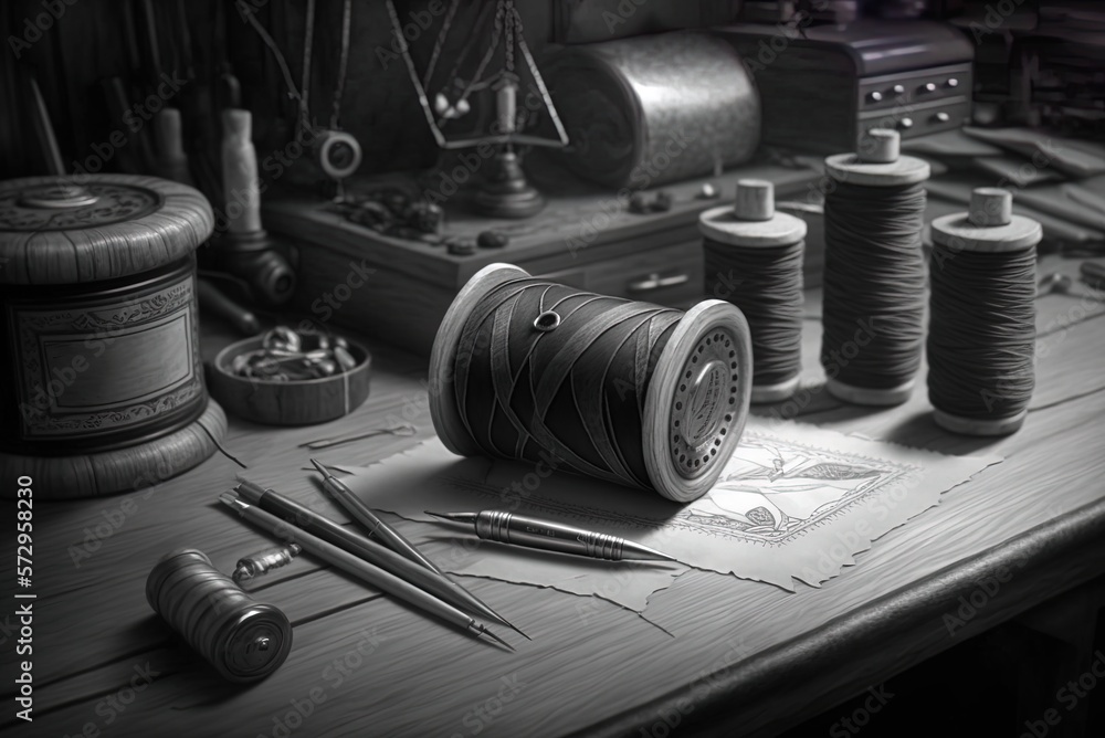 Photograph in black and white of a leatherworker's work station ...