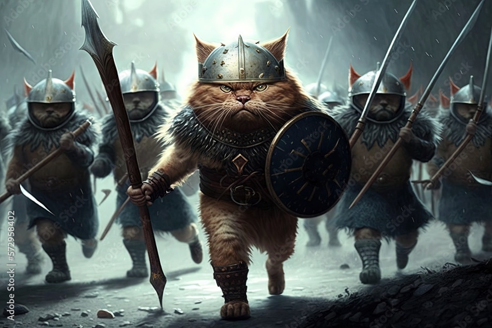 cat in a viking helmet holds a spear and a shield illustration ...