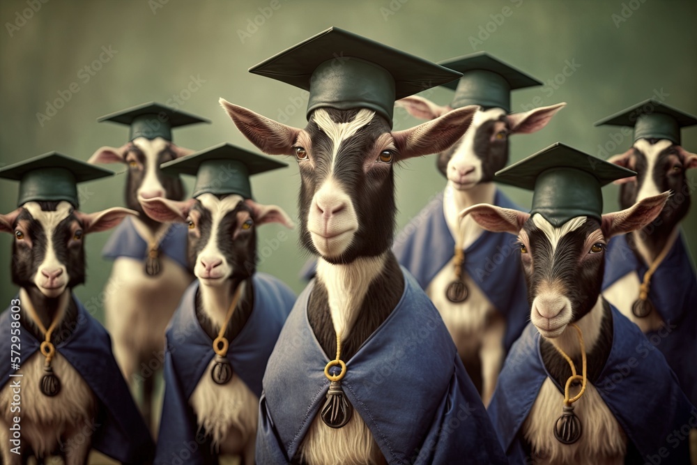 Goats standing in a line, wearing graduation caps and gowns, with a ...