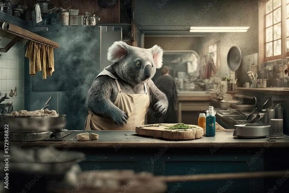 koala dressed as a chef, cooking up a storm in a busy restaurant ...