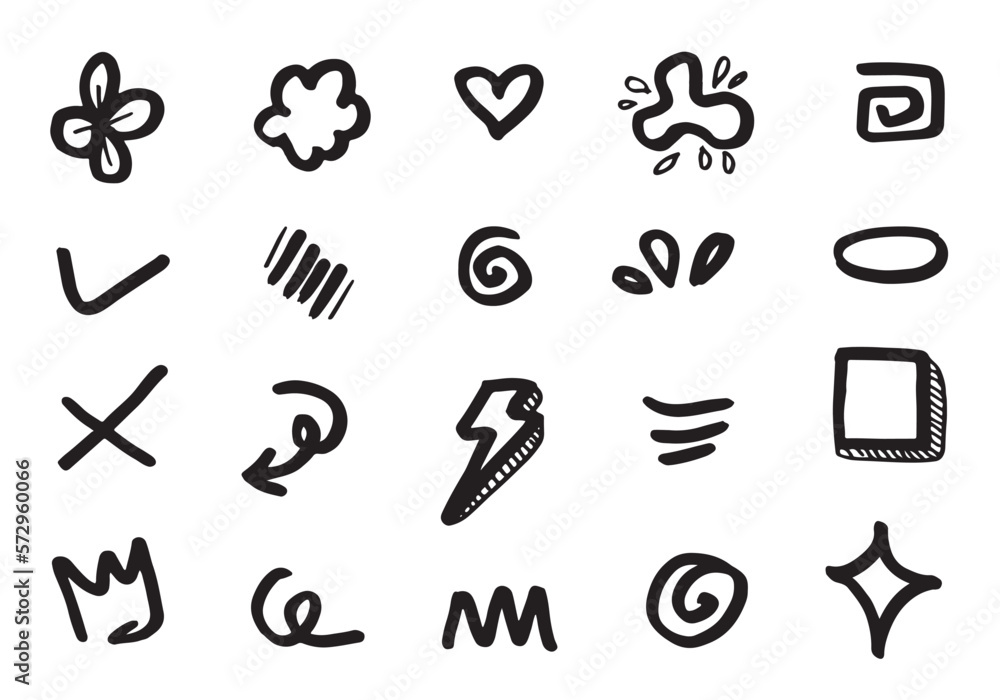 Set of cute hand drawn line scribble expression signs.emoticon effects ...