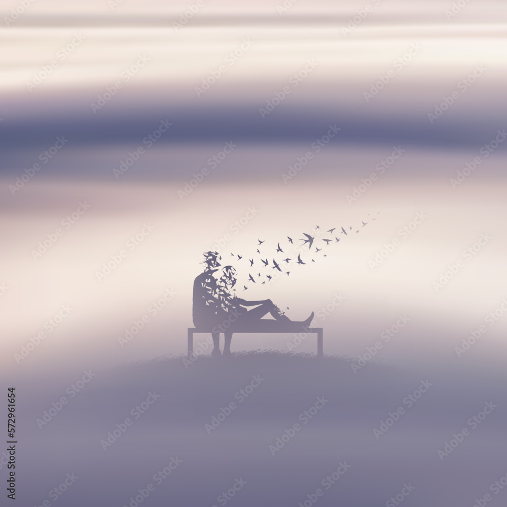 Loving couple on bench. Death, afterlife. Flying birds in misty clouds ...