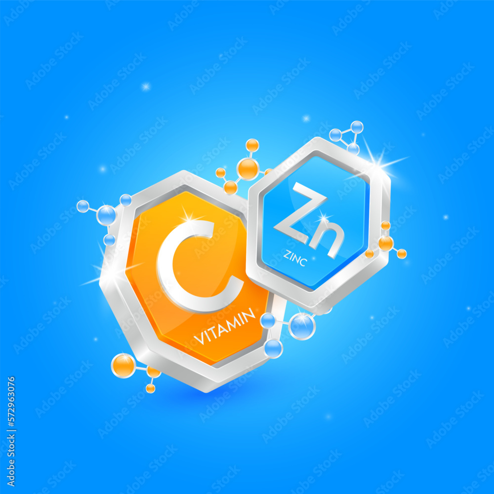 Zinc minerals in hexagon and Vitamin C in octagon shape orange with ...